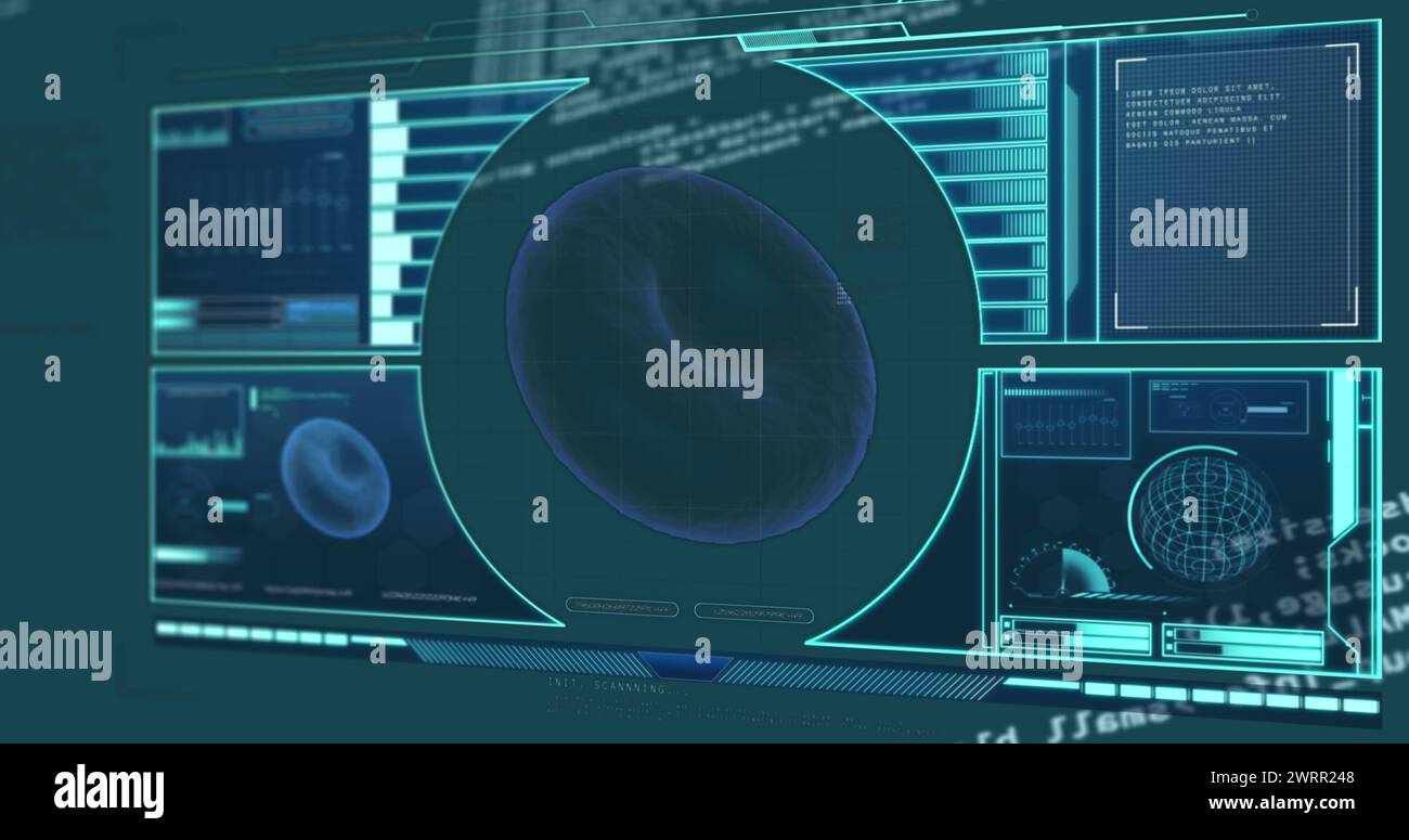 Image of red blood cell and scope scanning with medical data on digital ...