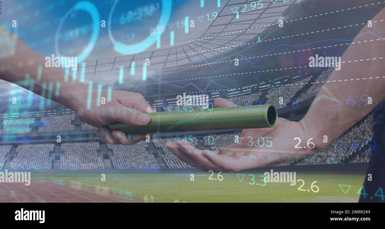 Stock market data processing against hand passing a baton against ...