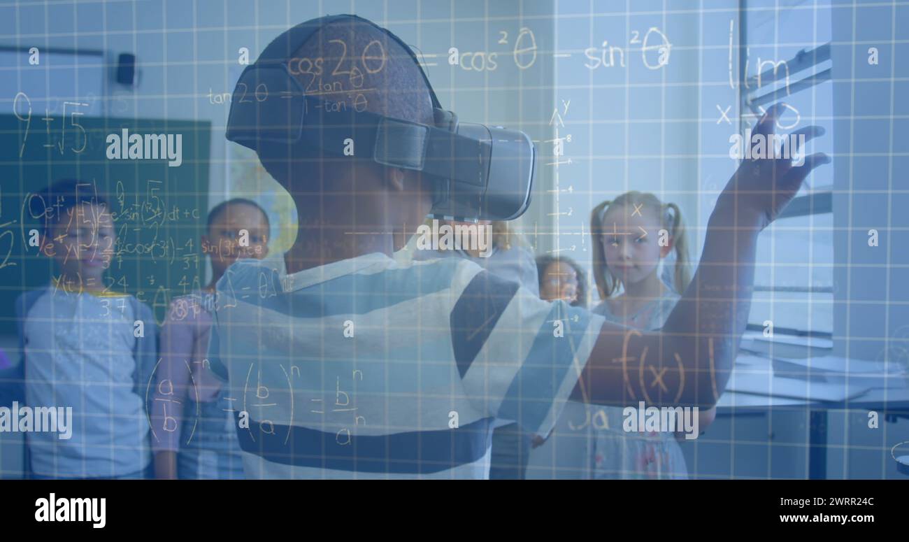 Image of mathematical equations over schoolchildren using vr headsets ...