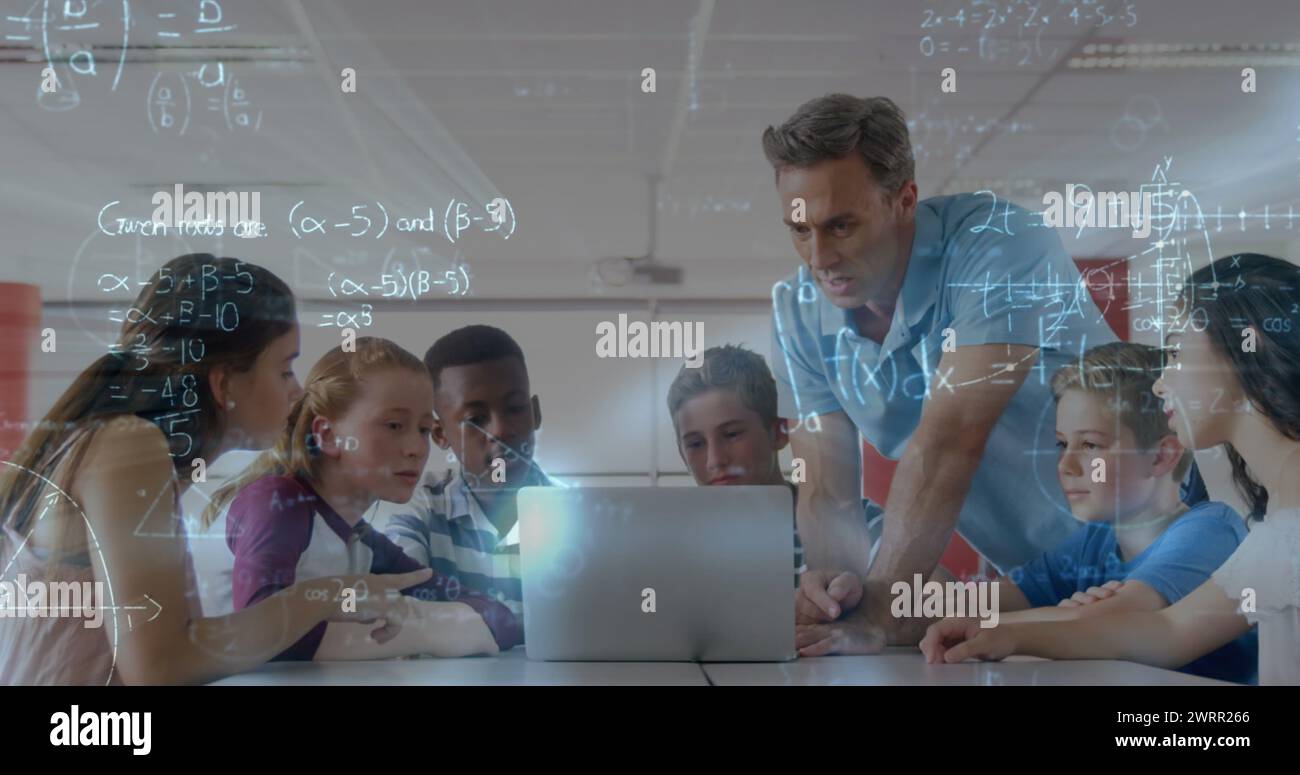 Image of mathematical equations over schoolchildren using laptop Stock ...