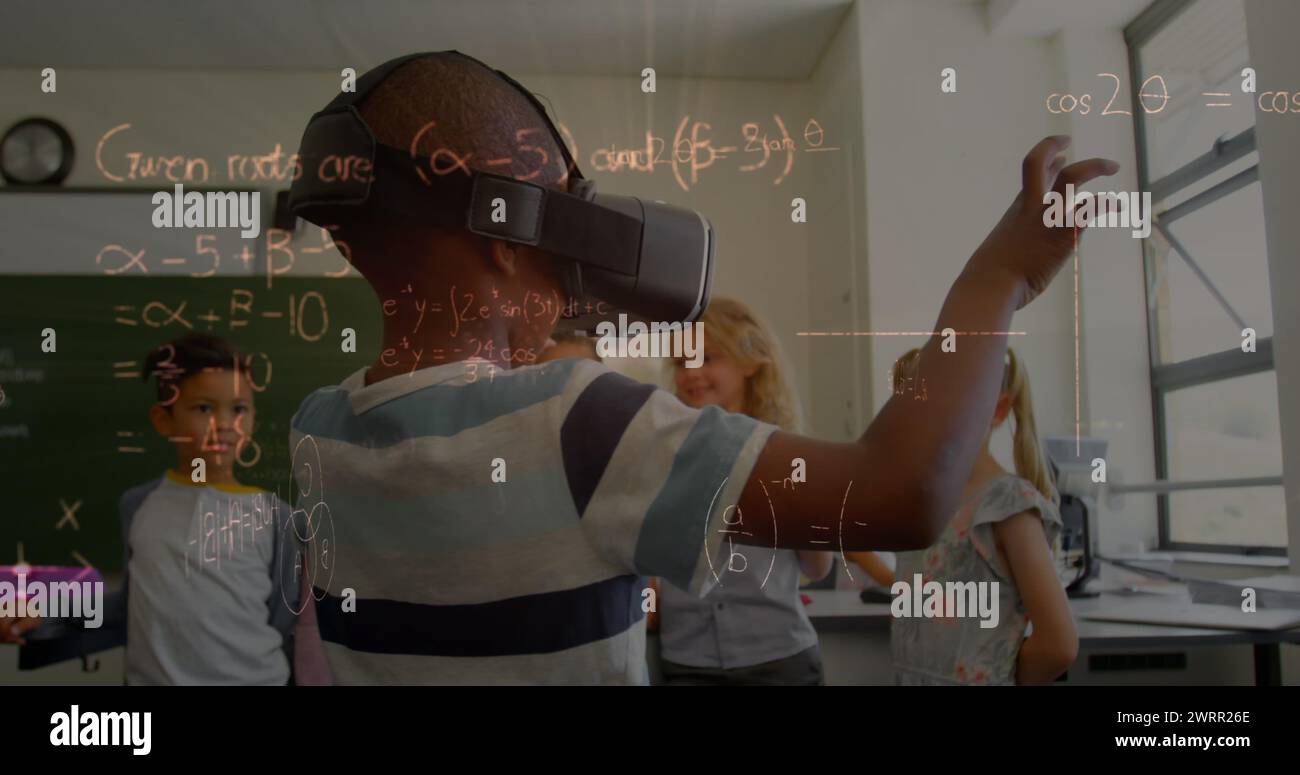 Image of mathematical equations over schoolchildren using vr headsets ...