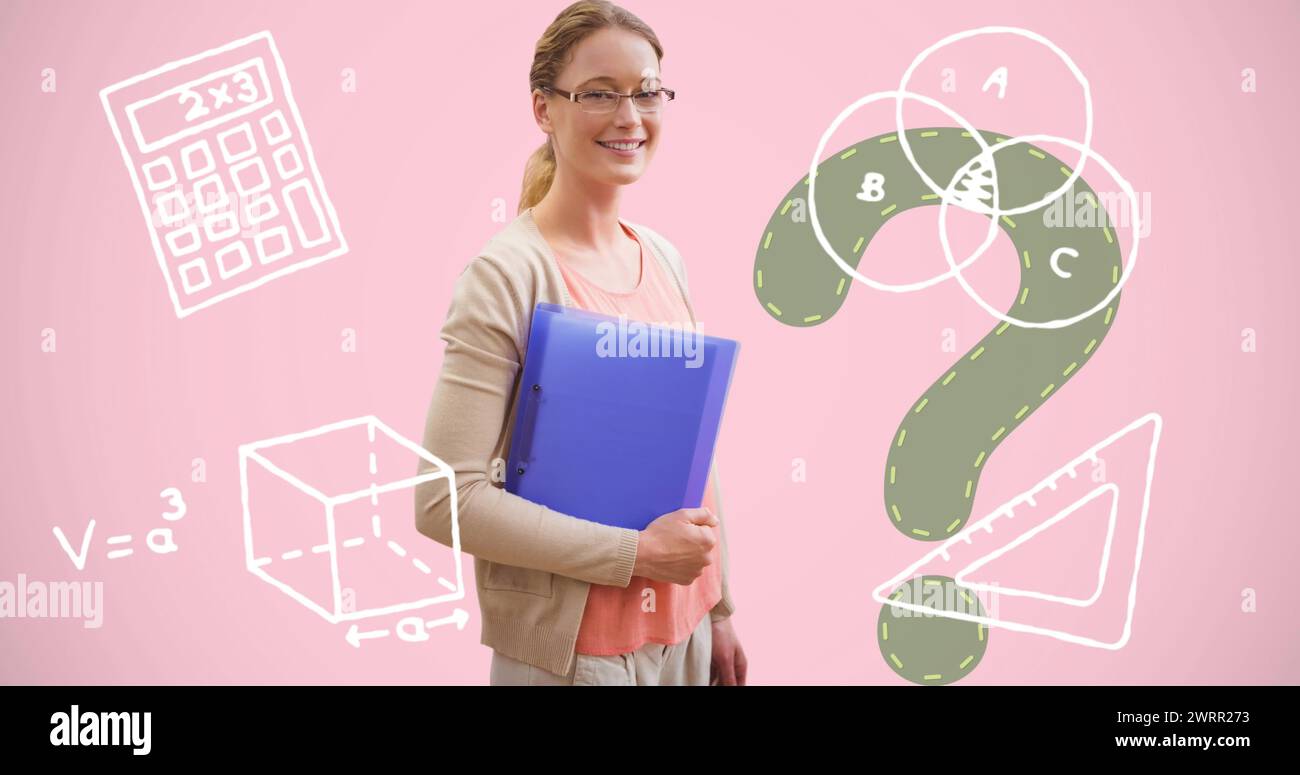 Multiple school concept icons against question mark symbol and ...