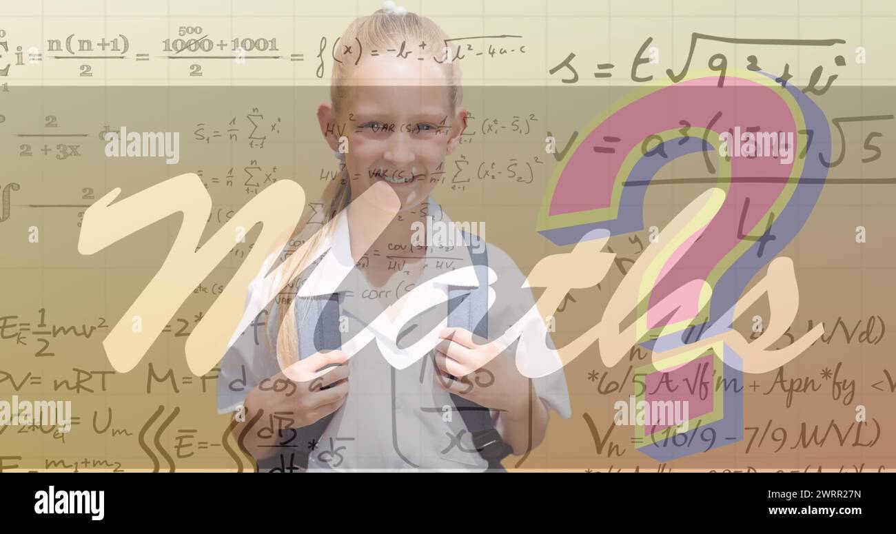 Maths text banner and equations over caucasian school girl against ...