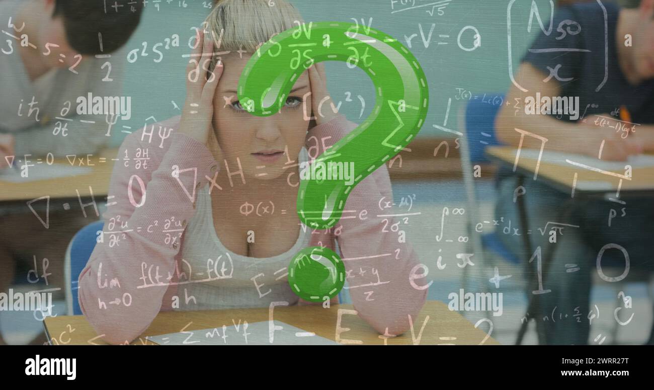 Image of question mark and mathematical equations over diverse students ...