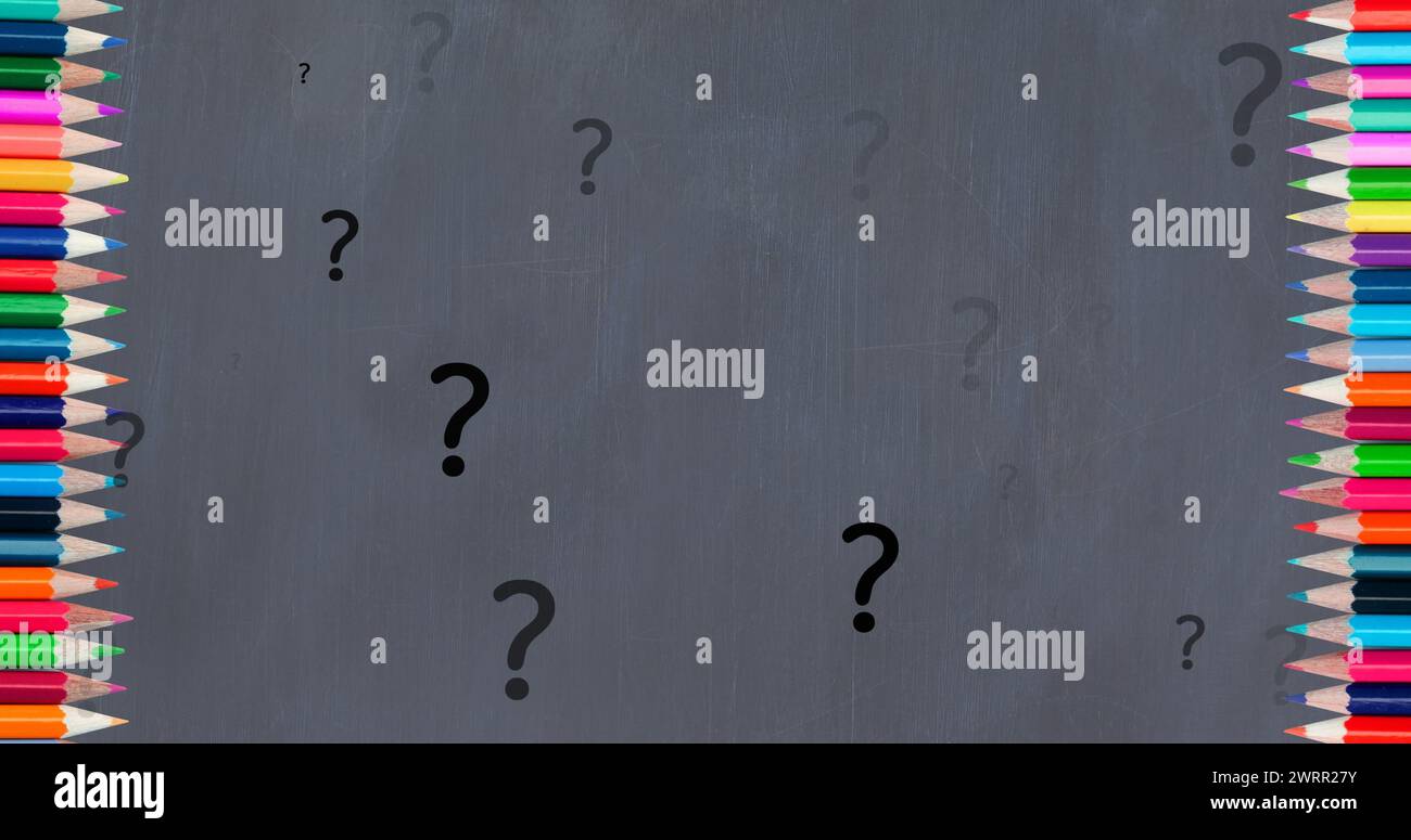 Image of question marks over crayons on grey background Stock Photo - Alamy
