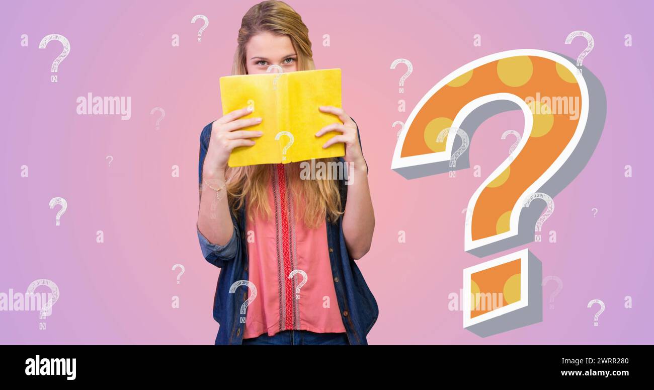 Image of question marks over caucasian female student Stock Photo - Alamy