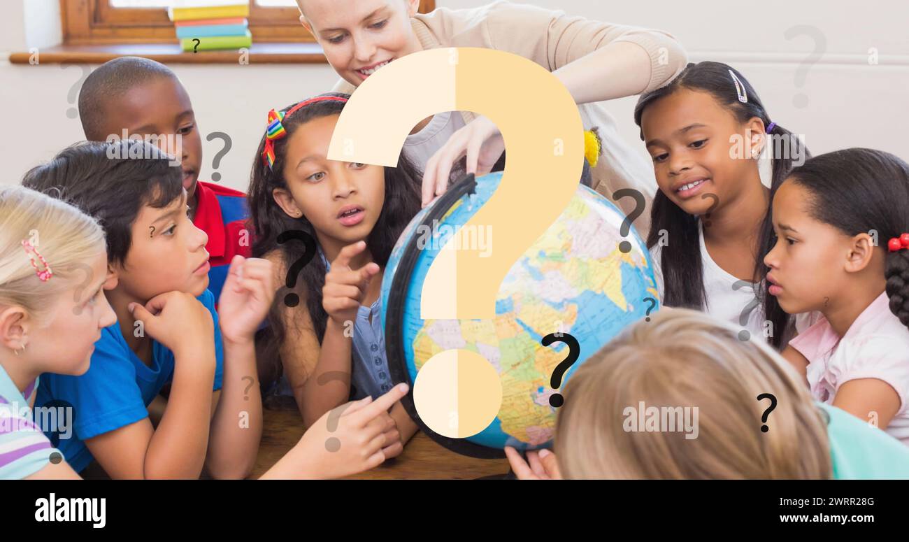 Image of question marks over diverse schoolchildren and teacher in ...