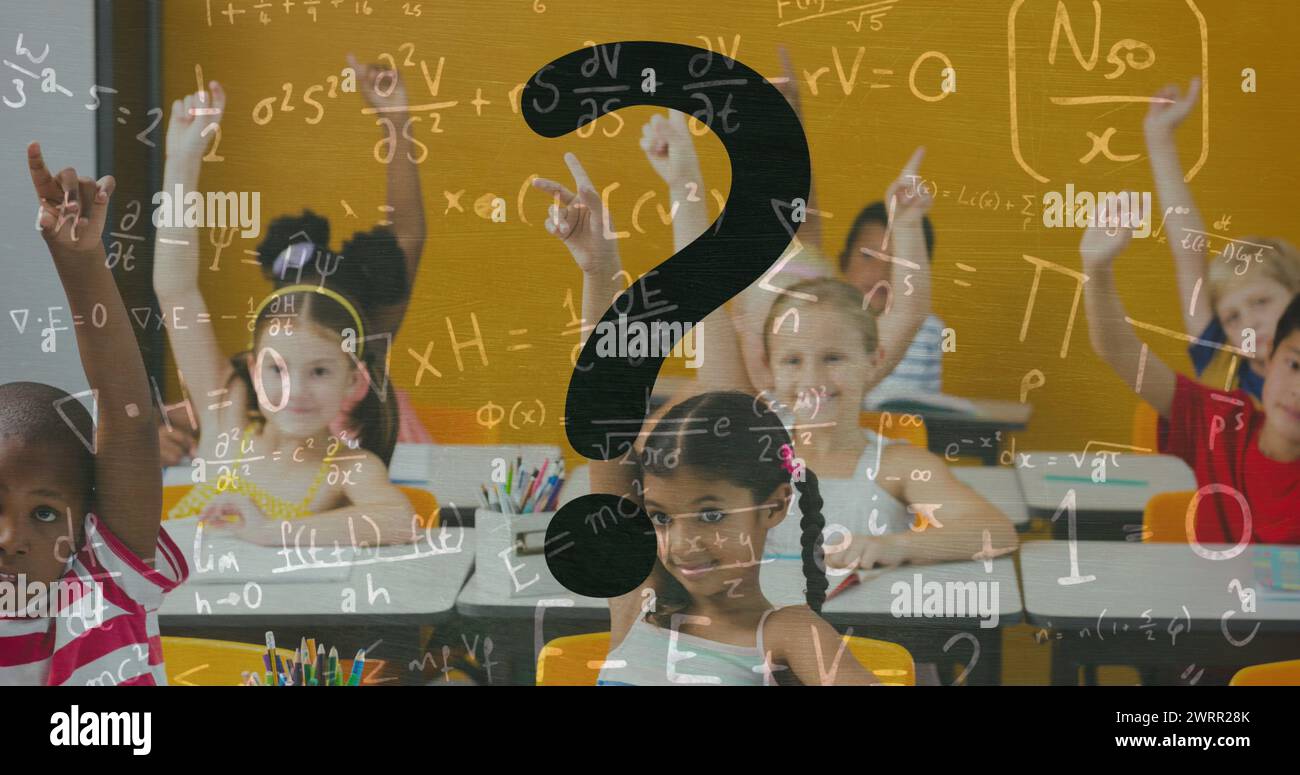 Image of question mark and mathematical formulas over children in ...