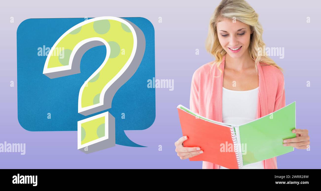 Image of green question mark over speech bubble and caucasian female ...