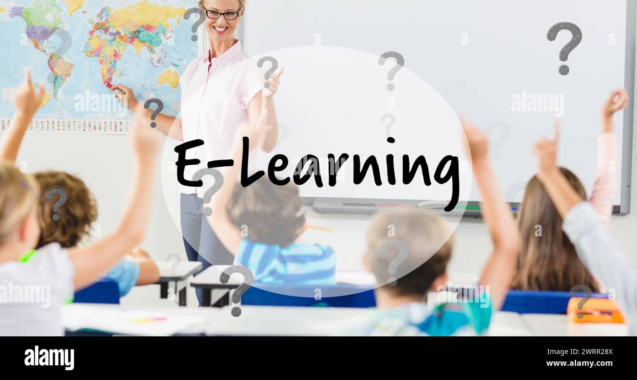 E-learning text banner and question mark icons floating against female ...