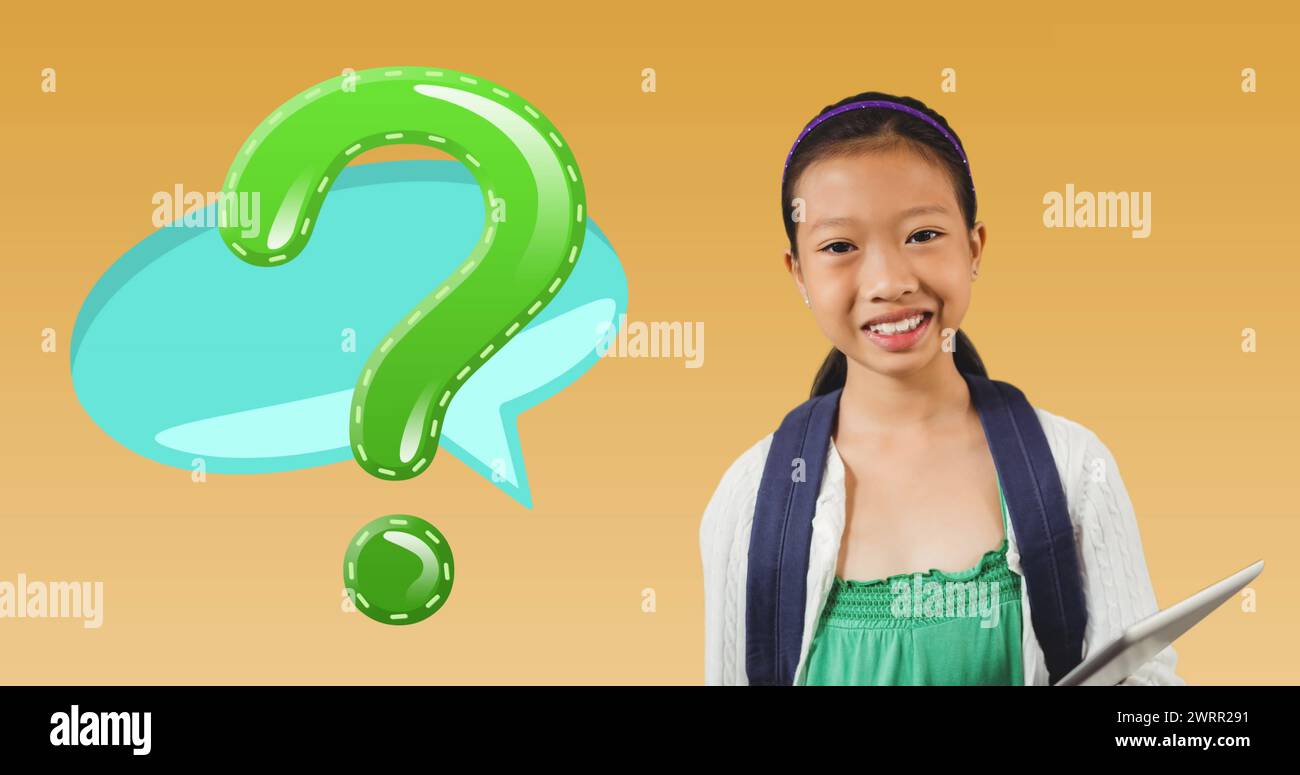 Image of green question mark over speech bubble and asian schoolgirl ...
