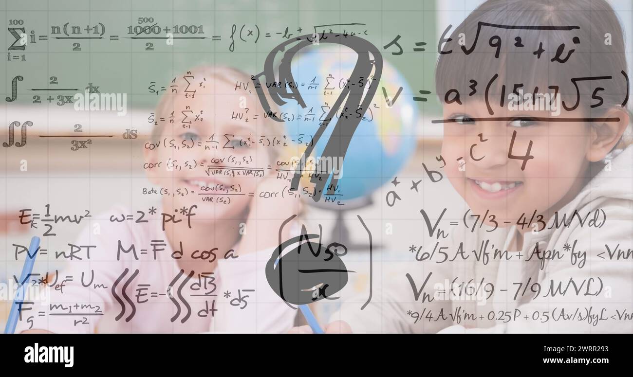 Question mark symbol and mathematical equations against diverse school ...