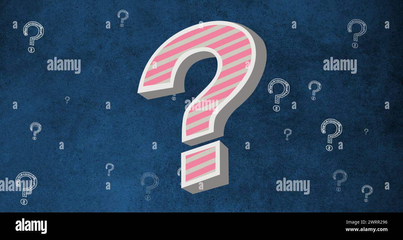 Pink striped question mark symbol against multiple question mark icons ...