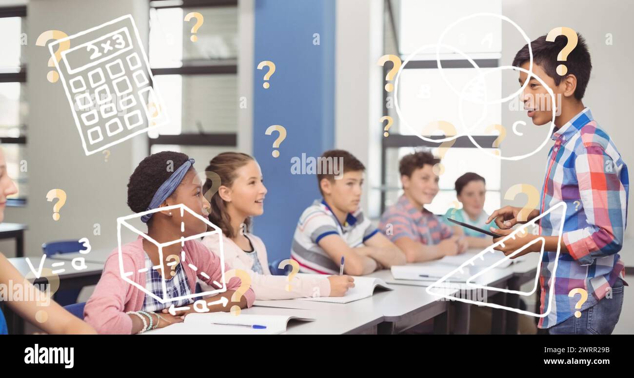 Image of school icons over diverse schoolchildren in classroom Stock ...