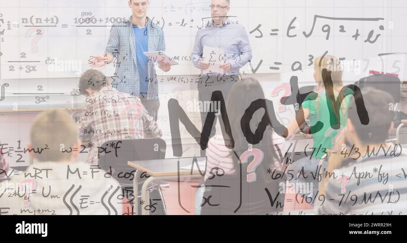 Image of math text and mathematical equations over diverse students in ...