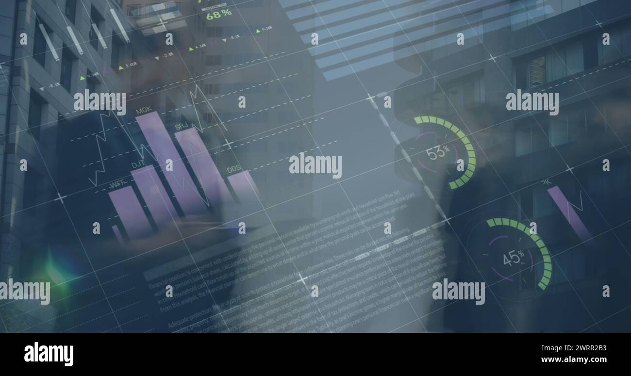 Image of financial data processing and business people over office ...