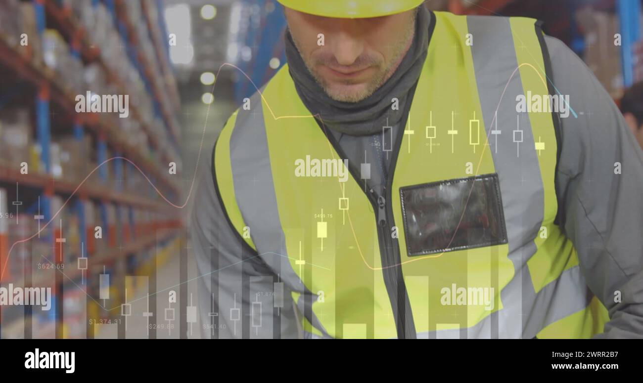 Statistical Data Processing Against Caucasian Male Worker Using Scanning Device At Warehouse