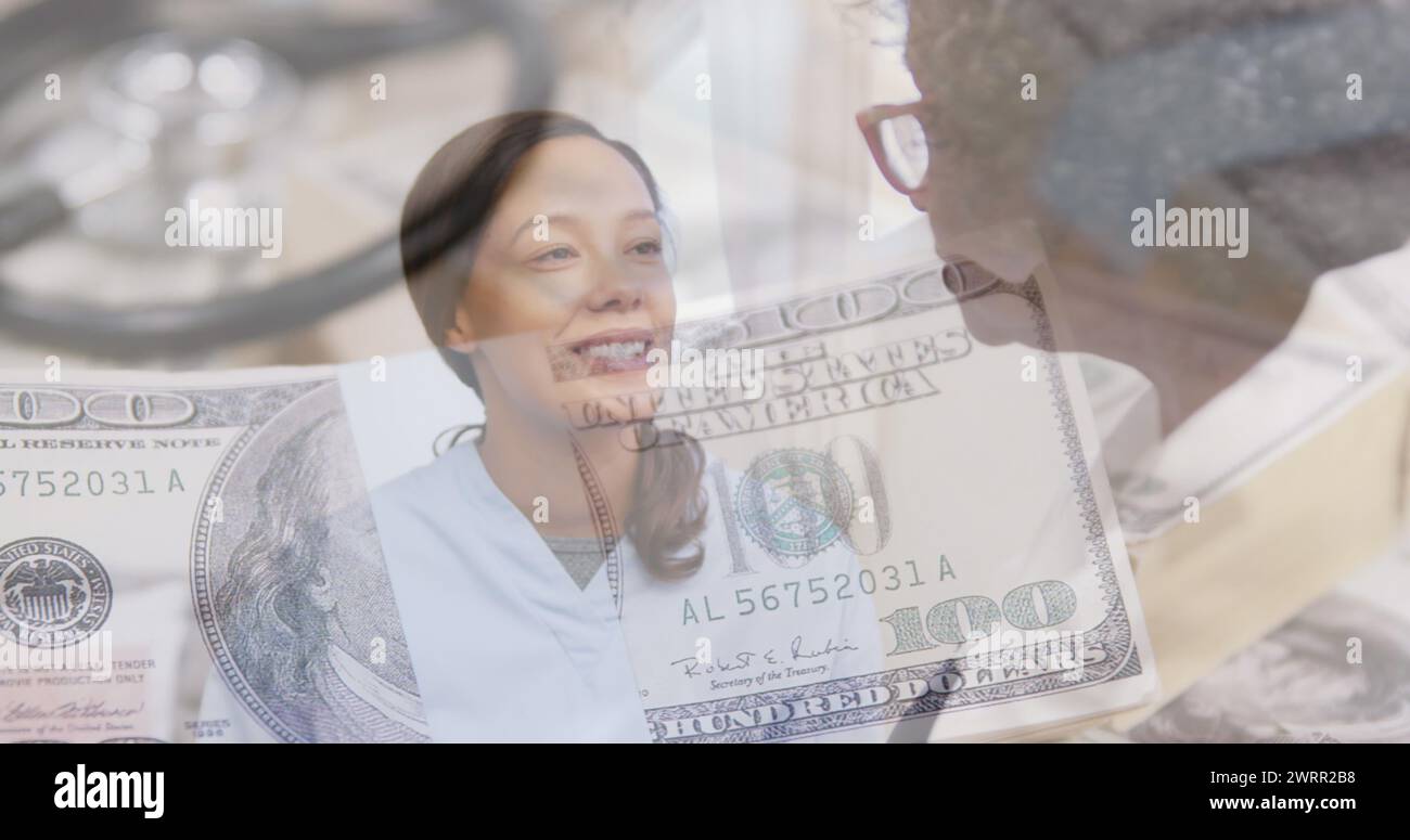 Image of stethoscope and american dollar bills over female doctor with ...