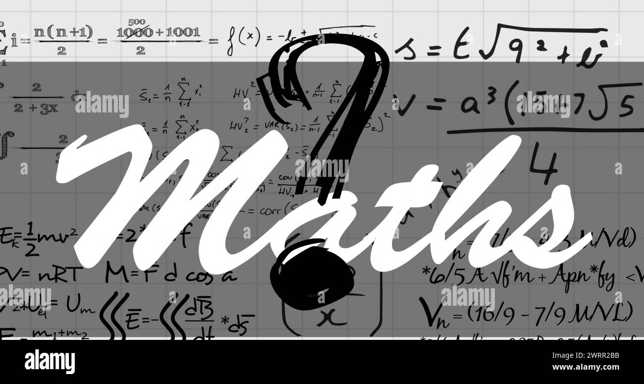 Maths text banner and question mark symbol against mathematical ...