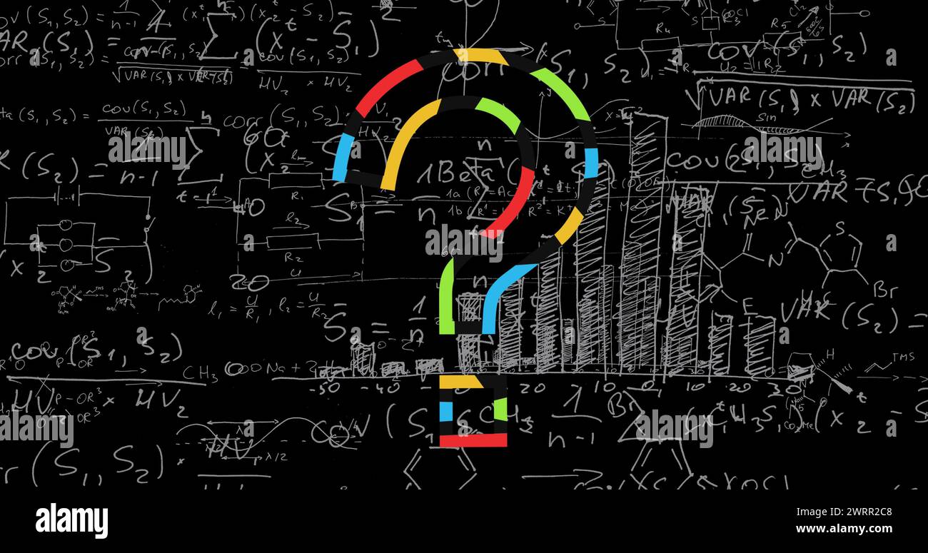 Image of question mark and mathematical equations on black background ...