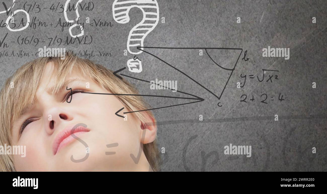 Image of mathematical formulas over school boy Stock Photo - Alamy