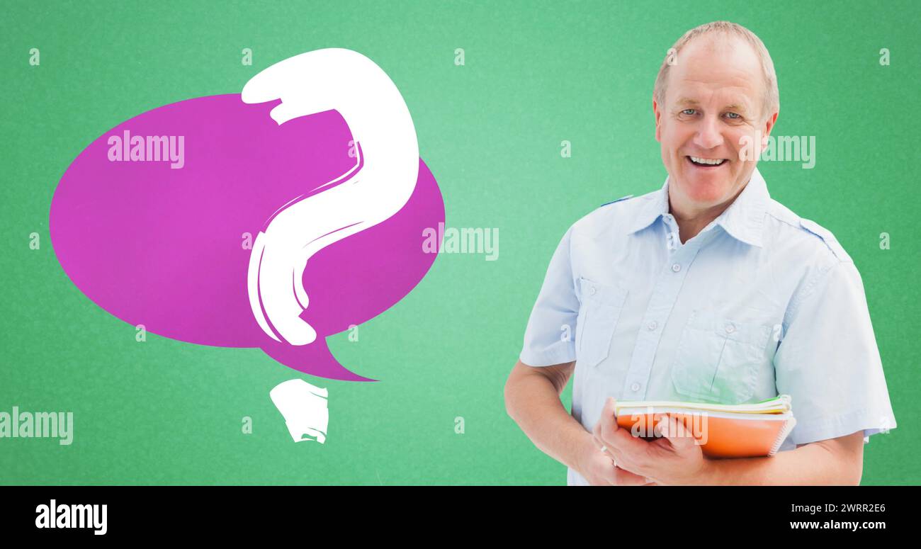 Image of speech bubble with question mark over caucasian male teacher ...