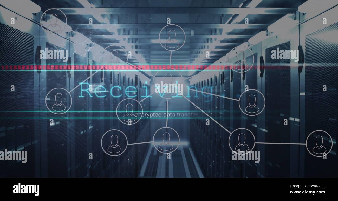 Image of data processing and network of connections with icons over server room Stock Photo - Alamy