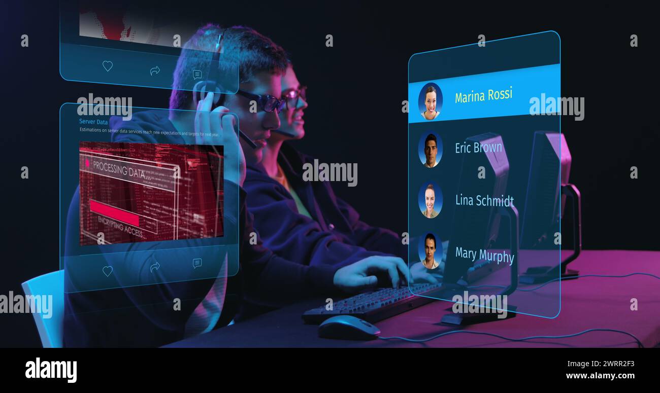 Image of social media posts and people profiles over diverse people ...