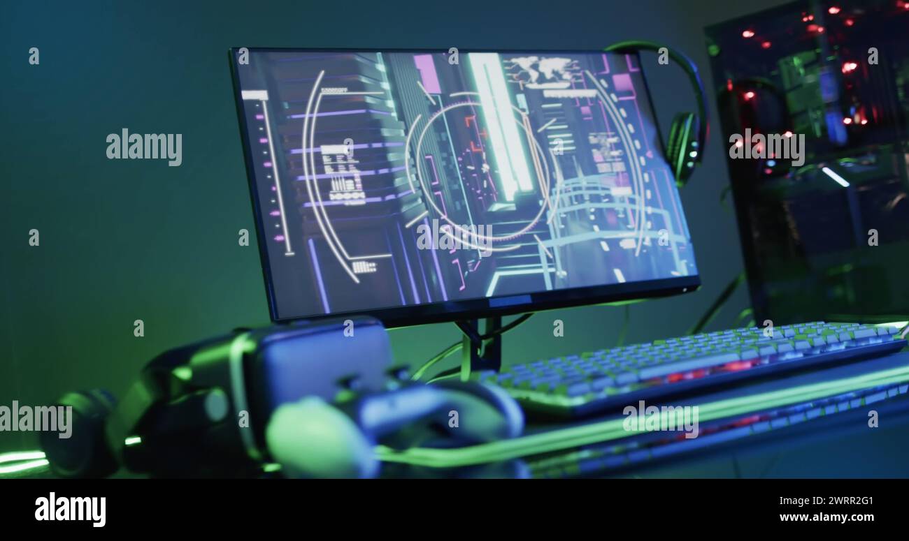 A gaming setup with vibrant screen graphics, featuring peripherals ...