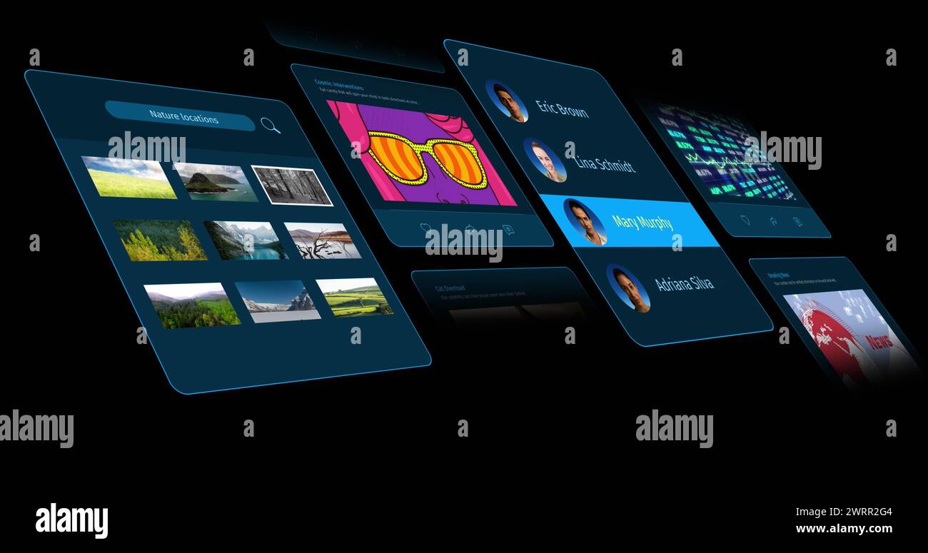 Image of interface with social media posts and people profiles on black ...