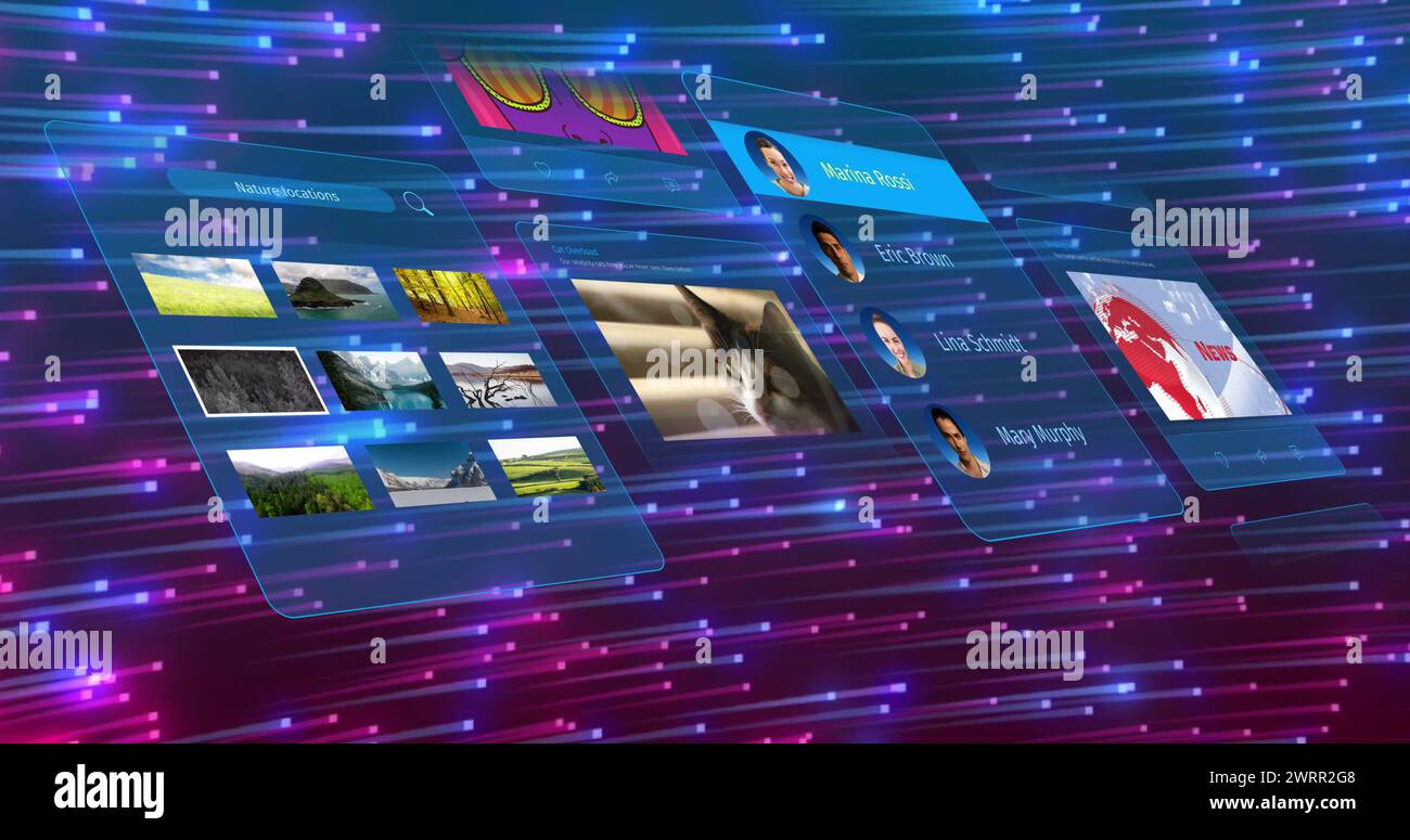 Image of social media posts and people profiles over light trails on ...