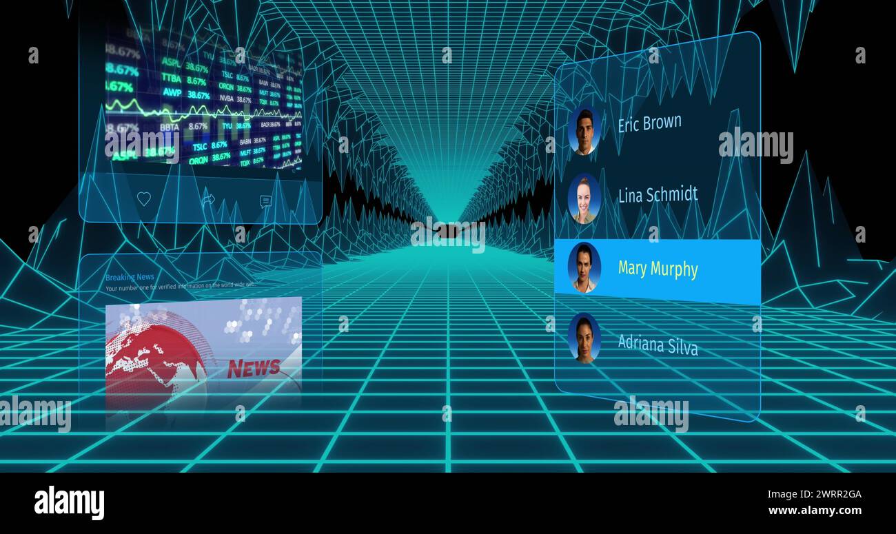 Image of social media posts and people profiles over digital mountains ...