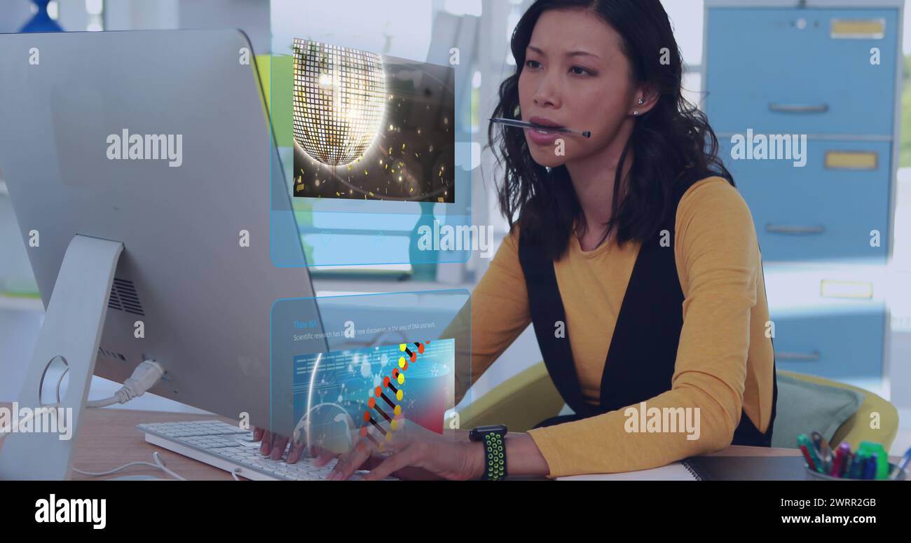 Image of social media posts over asian business woman using computer ...