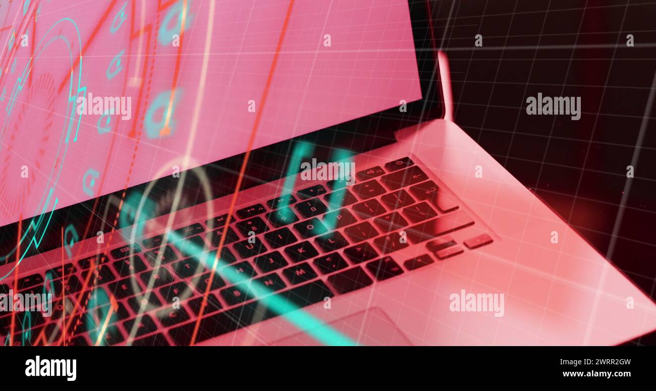 Image of scope scanning and data processing over laptop with blank ...