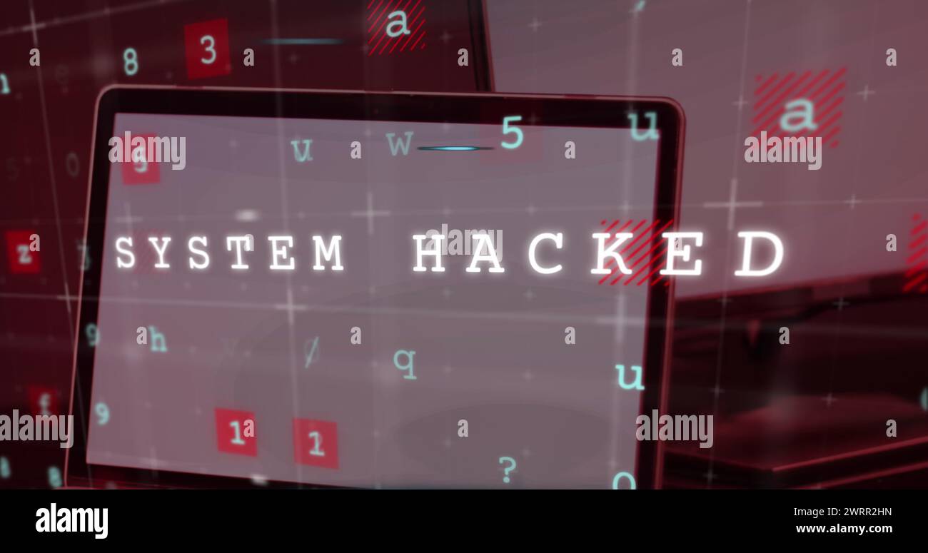 Image of system hacking data processing over laptop with blank screen ...