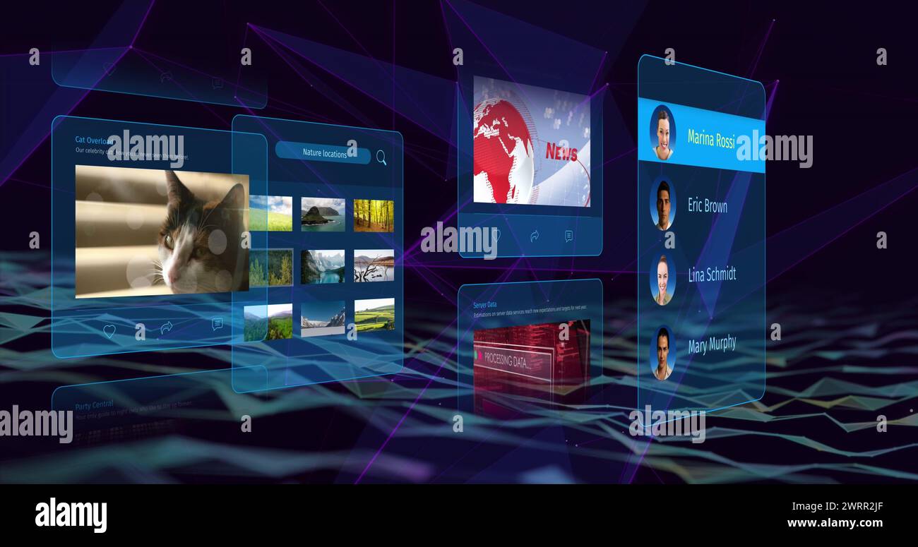 Image of social media posts and people profiles over connections on ...