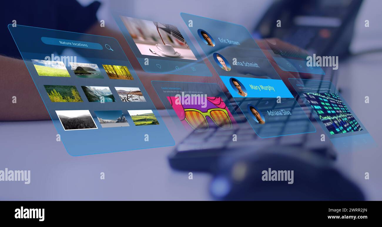 Image of social media posts and people profiles over hands typing on ...