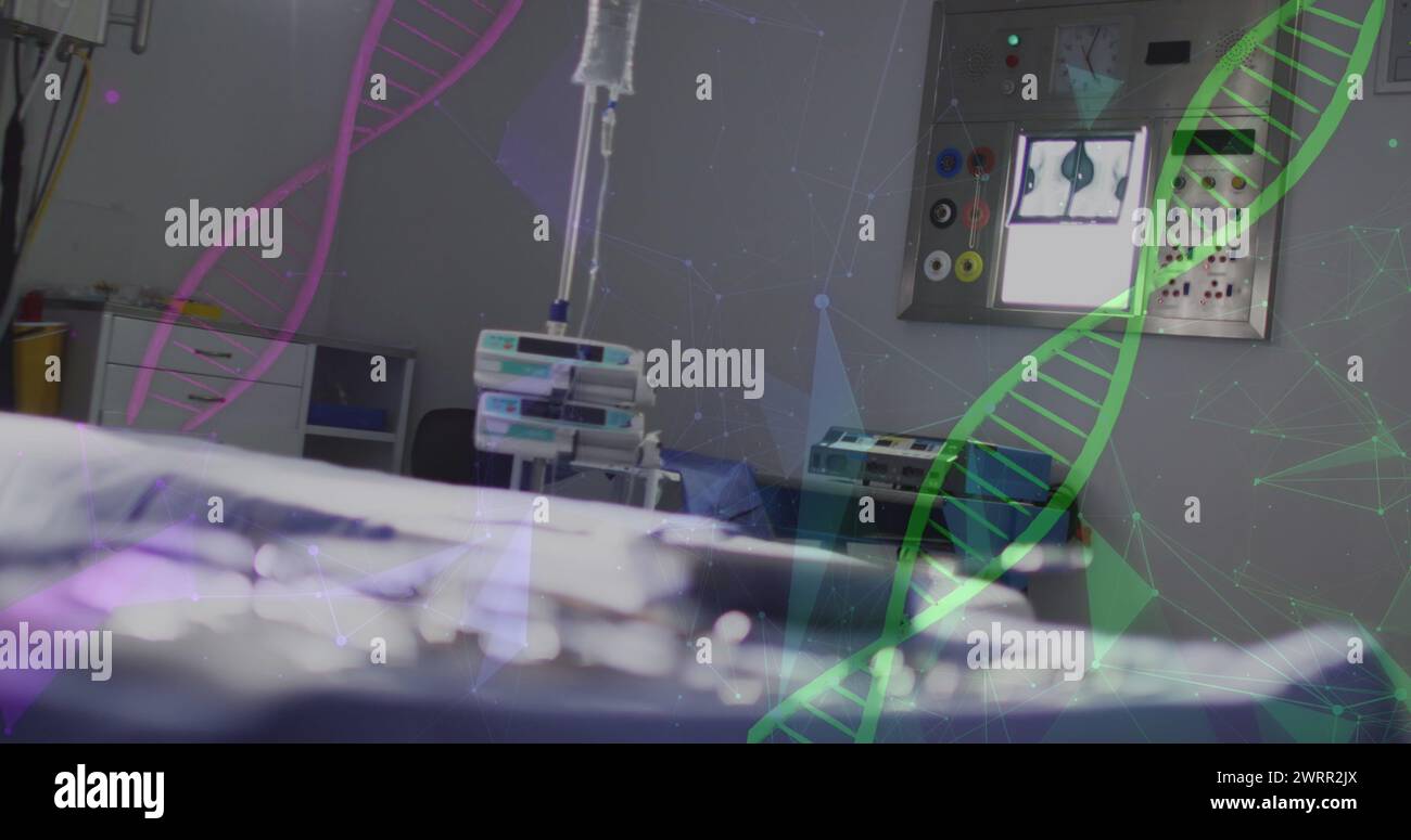 Image of dna strands and connections over empty operating theatre at ...