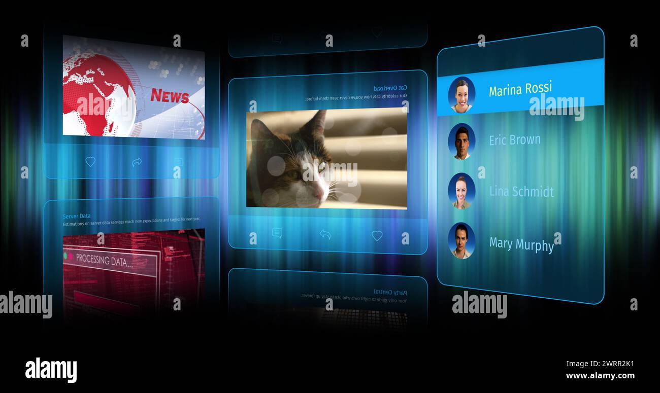 Image of social media posts and people profiles over light trails on ...