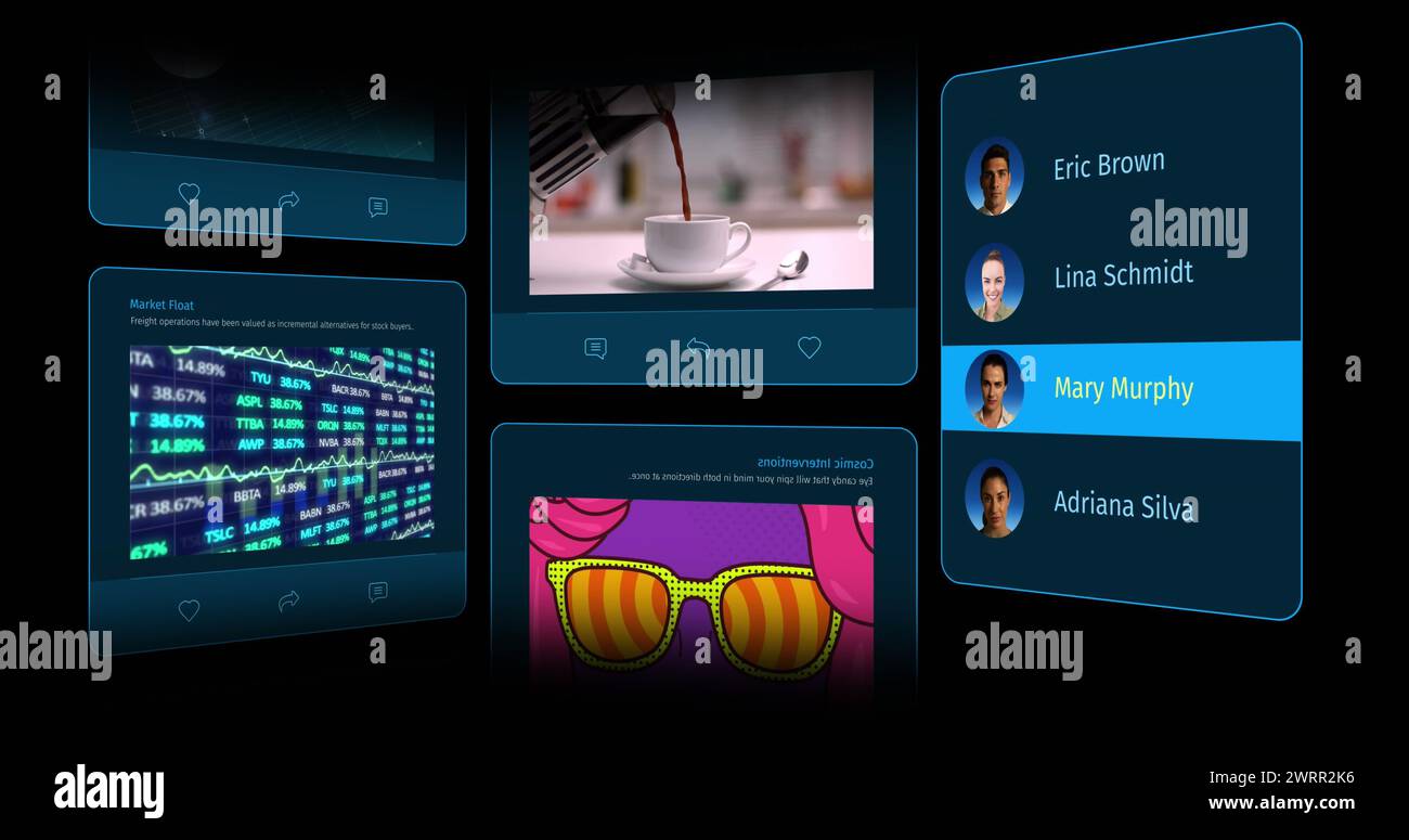 Image of interface with social media posts and people profiles on black ...