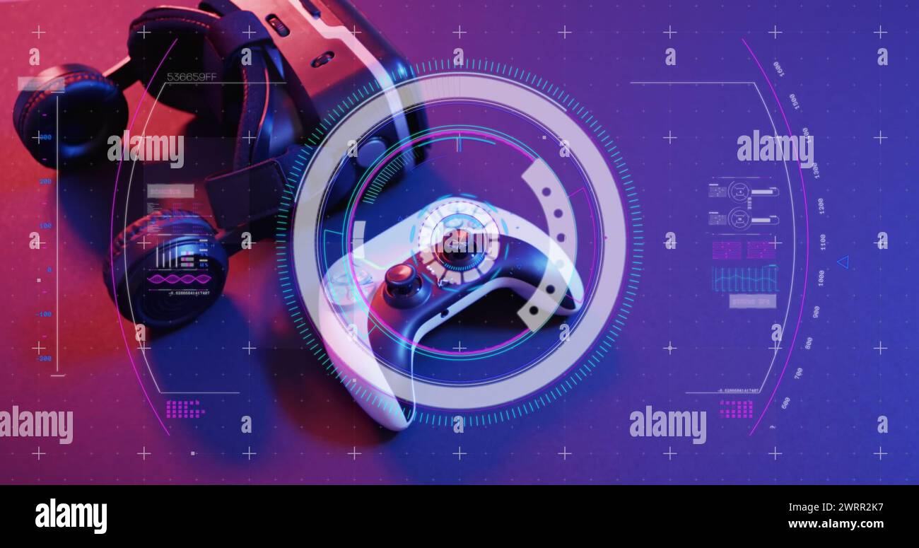 Image of scope and data processing over image game computer equipment ...