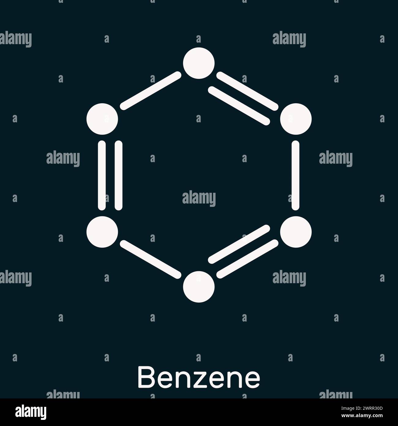 Benzene, benzol C6H6 molecule. Skeletal chemical formula on the dark blue background ...
