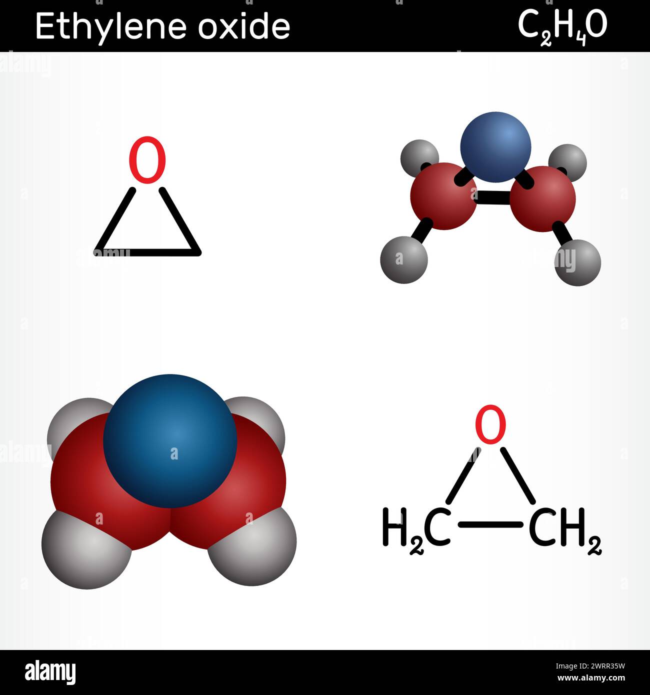 Ethylene oxide, oxirane C2H4O molecule. Structural chemical formula and molecule model. Vector ...