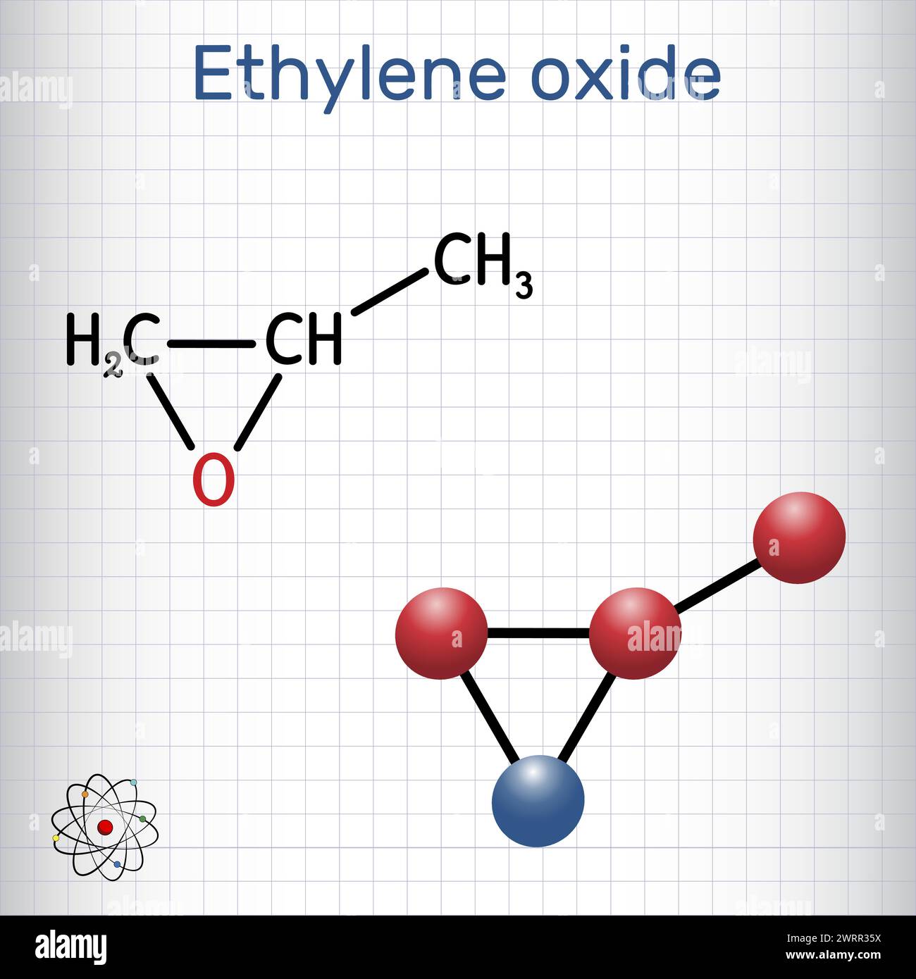 Propylene oxide molecule. Structural chemical formula, molecule model ...