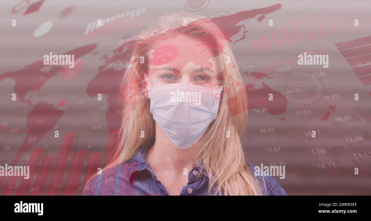 Image of world map and statistic data over caucasian female wearing ...