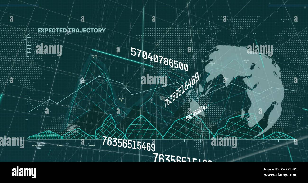 Image of data processing and globe with world map on black background ...