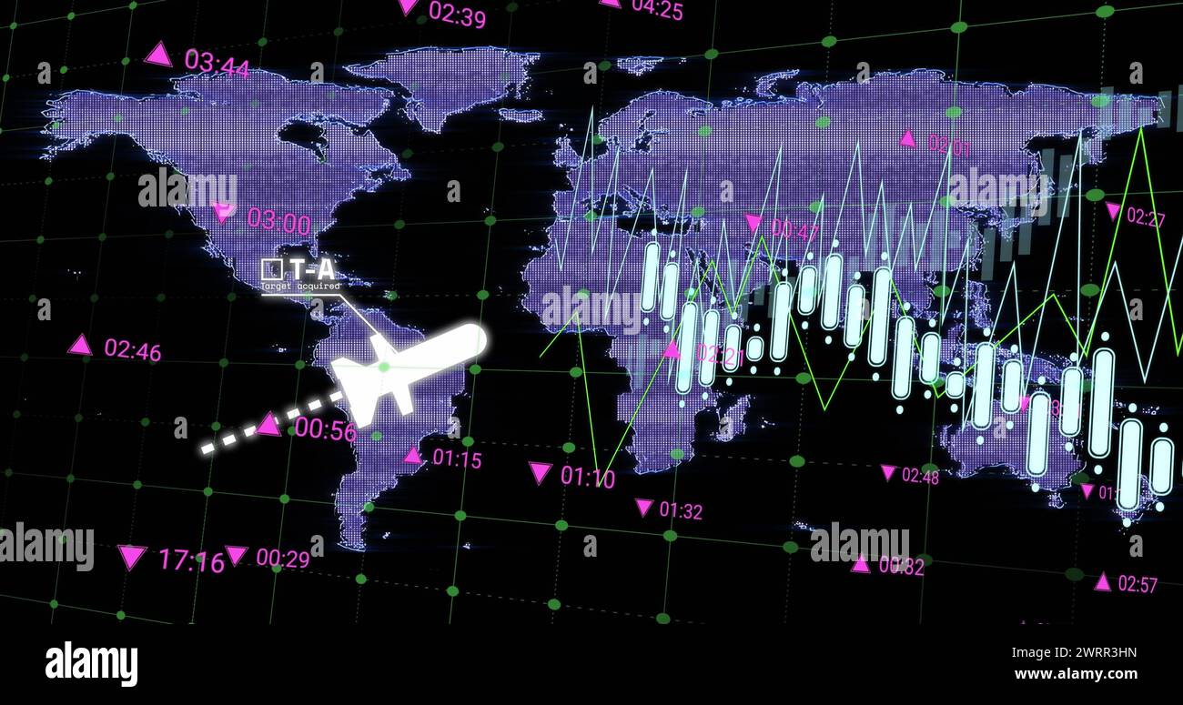 Image of data processing and world map on black background Stock Photo ...