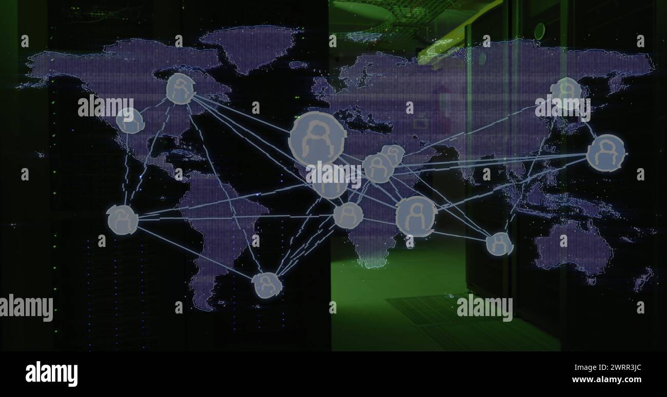 Image of world map and icons over server room Stock Photo - Alamy