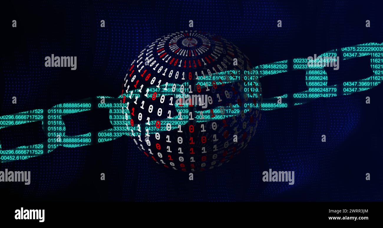 Image of data processing over globe with binary coding on black ...