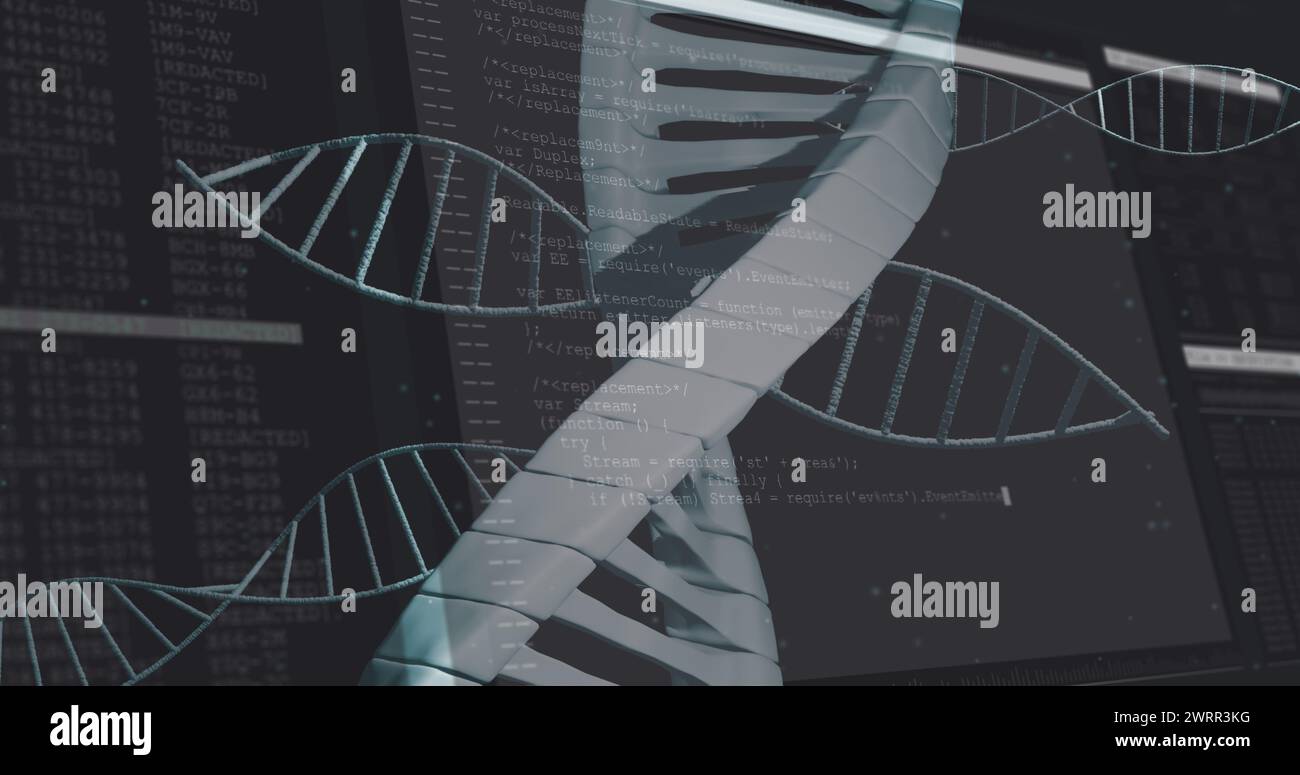 Multiple dna structures floating against data processing on black ...